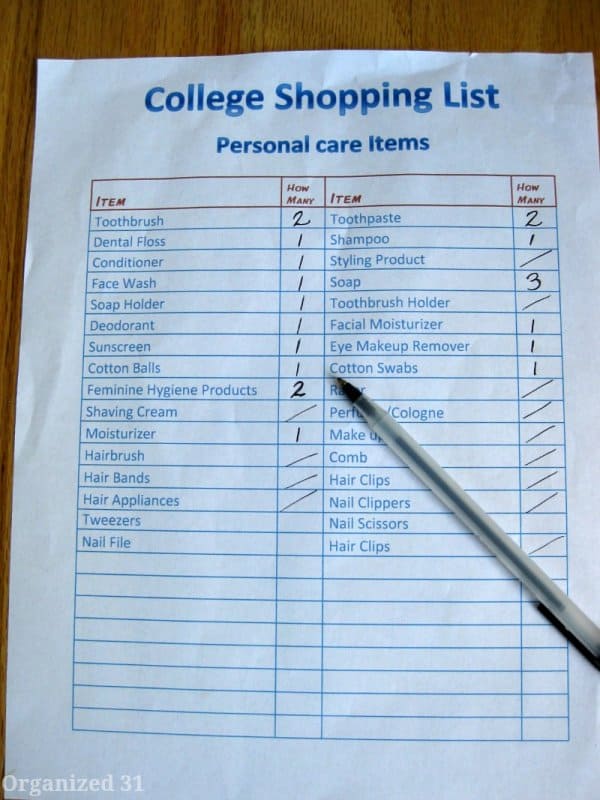 Free printable shopping List for College Students